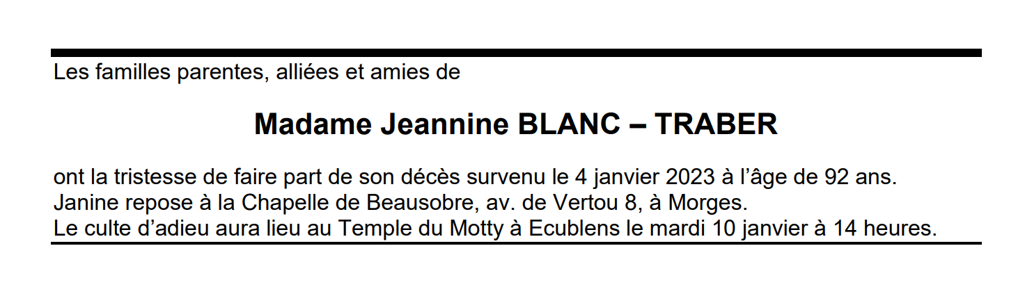 Madame Jeannine BLANC – TRABER | Pompes Funèbres Générales